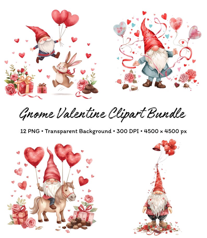 Valentine Gnome Watercolor Clipart Bundle, Gnome PNG, Cute Valentine ...