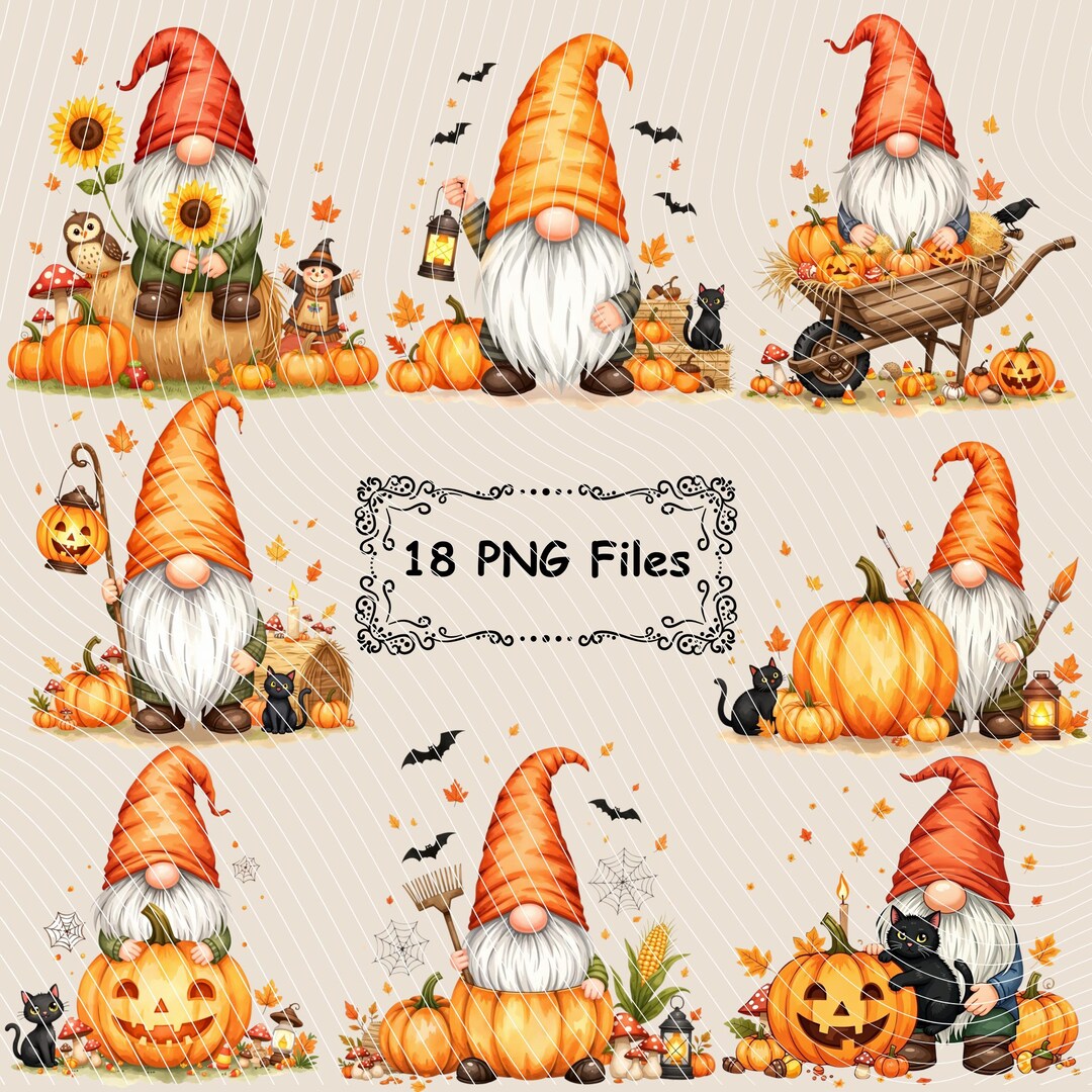 16 Pumpkin Patch Gnome PNG Bundle | Cute Fall Halloween Gnomes Clipart ...
