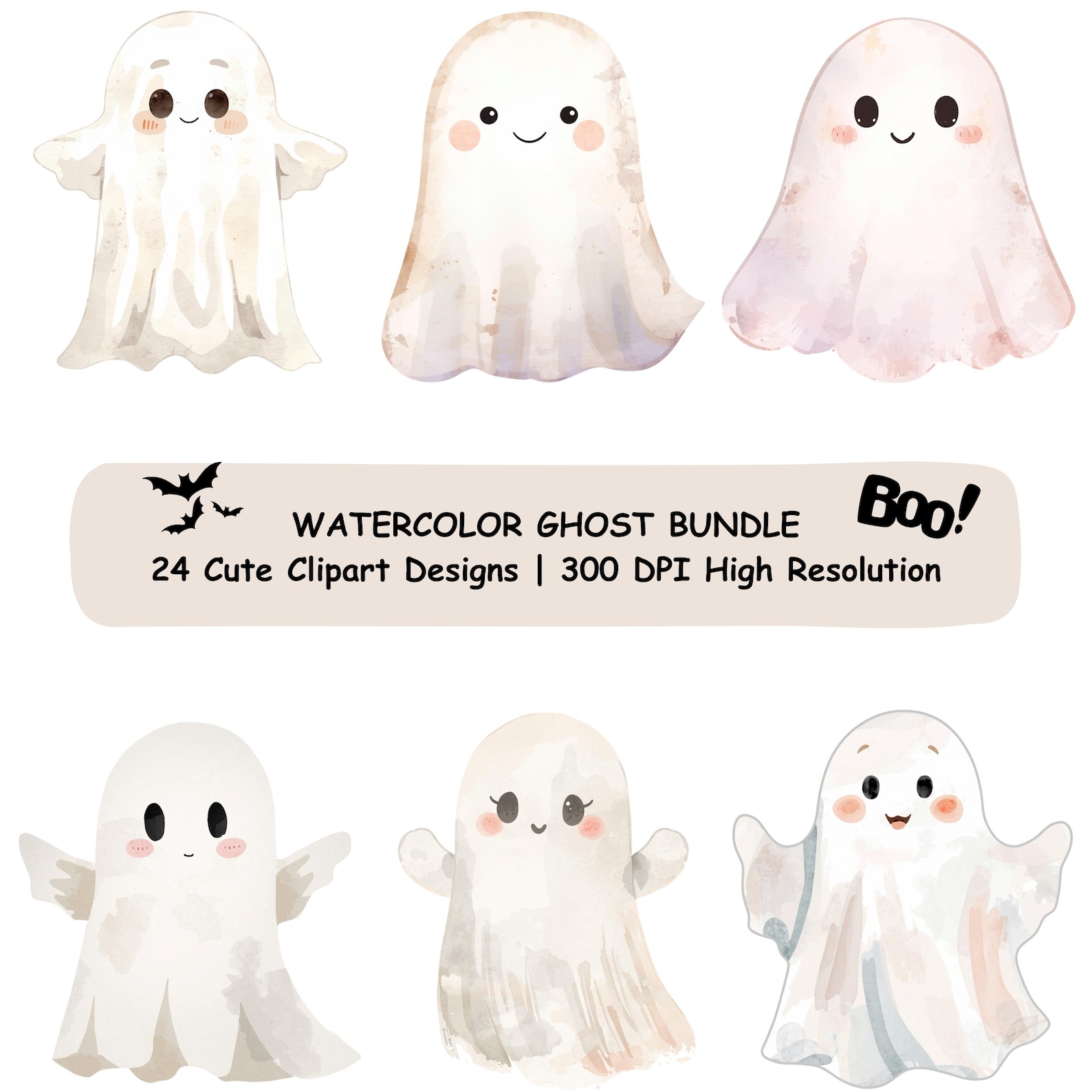 24 Watercolor Ghost PNG Bundle |cute Halloween Clipart Spooky Ghosts ...