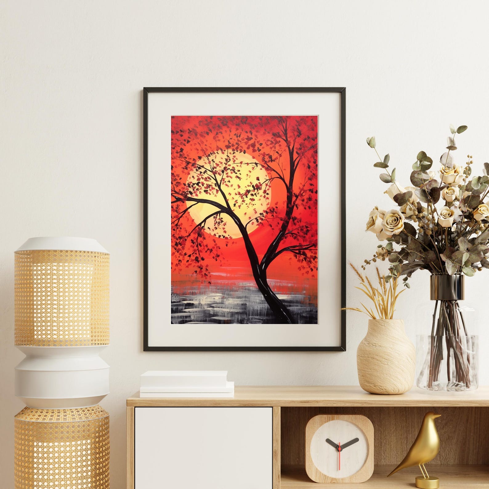 Red Sunset Tree Painting on Canvas – Modern Abstract Wall Art for ...
