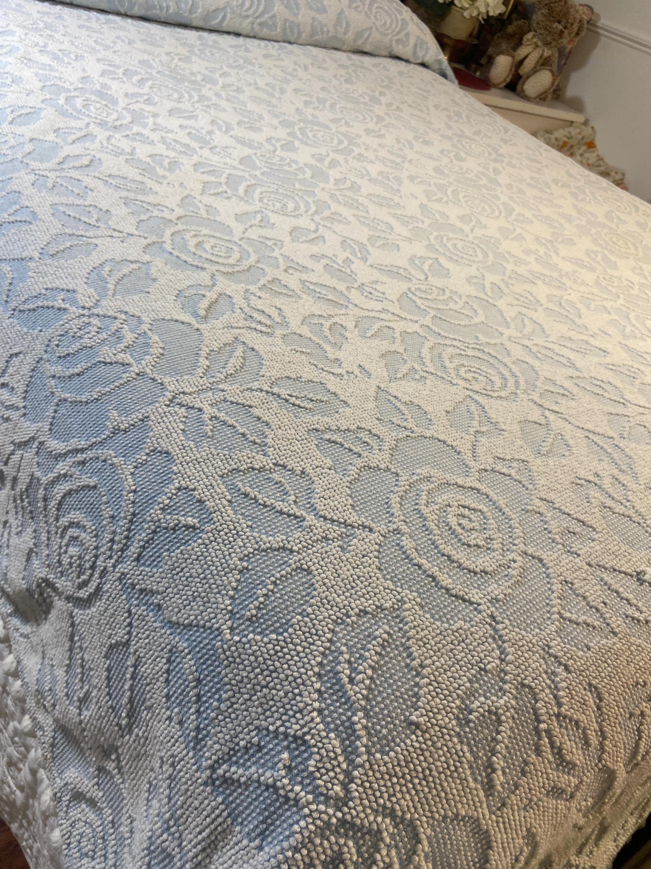 Chenille Bedspread Full Size Blue White Rose Floral Pom Pom Cottage ...