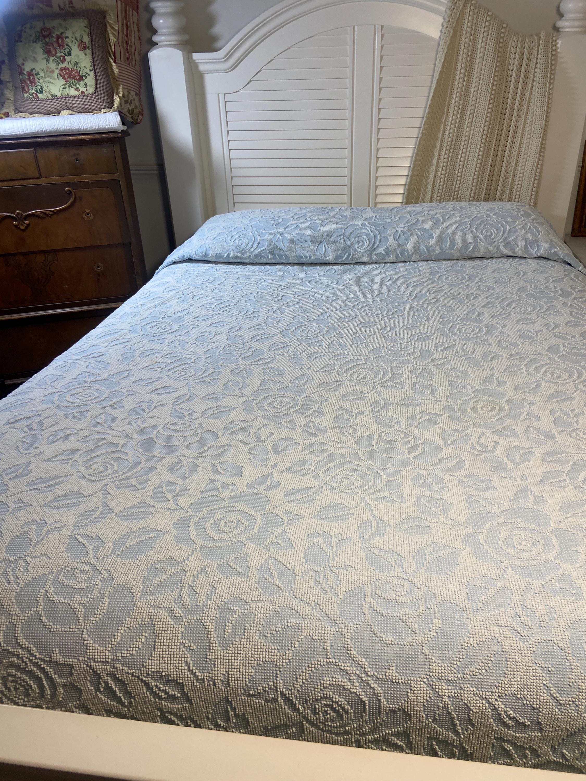 Chenille Bedspread Full Size Blue White Rose Floral Pom Pom Cottage ...