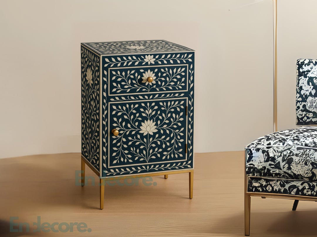Handmade Bone Inlay Bedside Table in Blue| Elegant Nightstand – Free ...