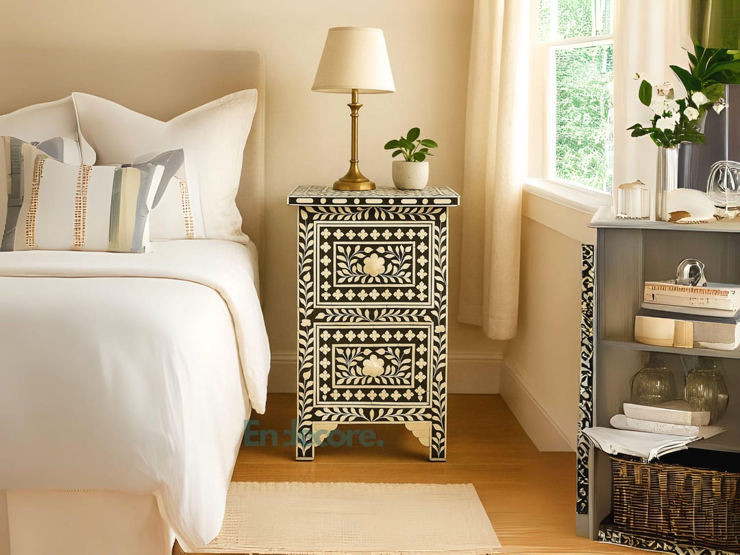 Handmade Bone Inlay Nightstand: Floral Bedside Table, Black & White - Etsy