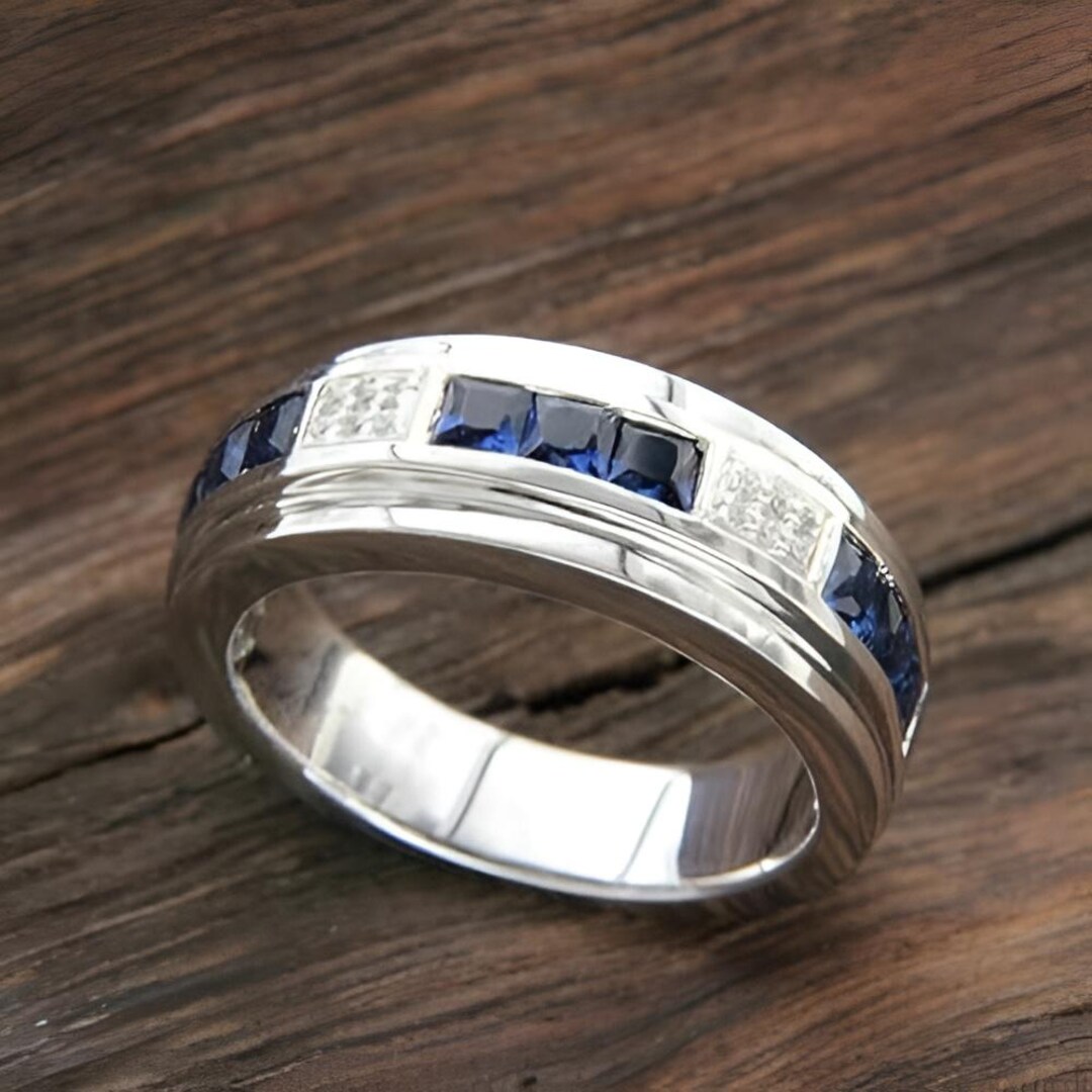 Blue Sapphire CZ Diamond Men's Wedding Ring, Sterling Silver - Etsy