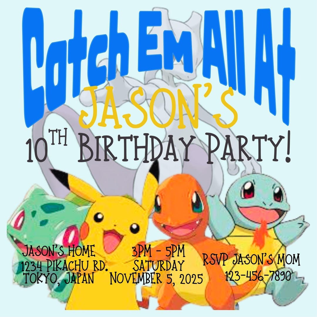 Catch 'em All Party Invite – Personalized Custom Pokémon Birthday ...