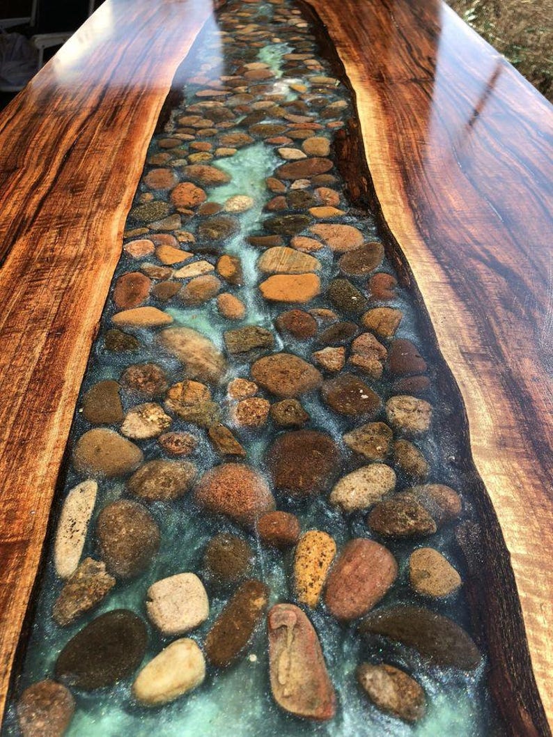 River Stone Epoxy Dining Table: Live Edge Wood & Natural Resin | Acacia ...
