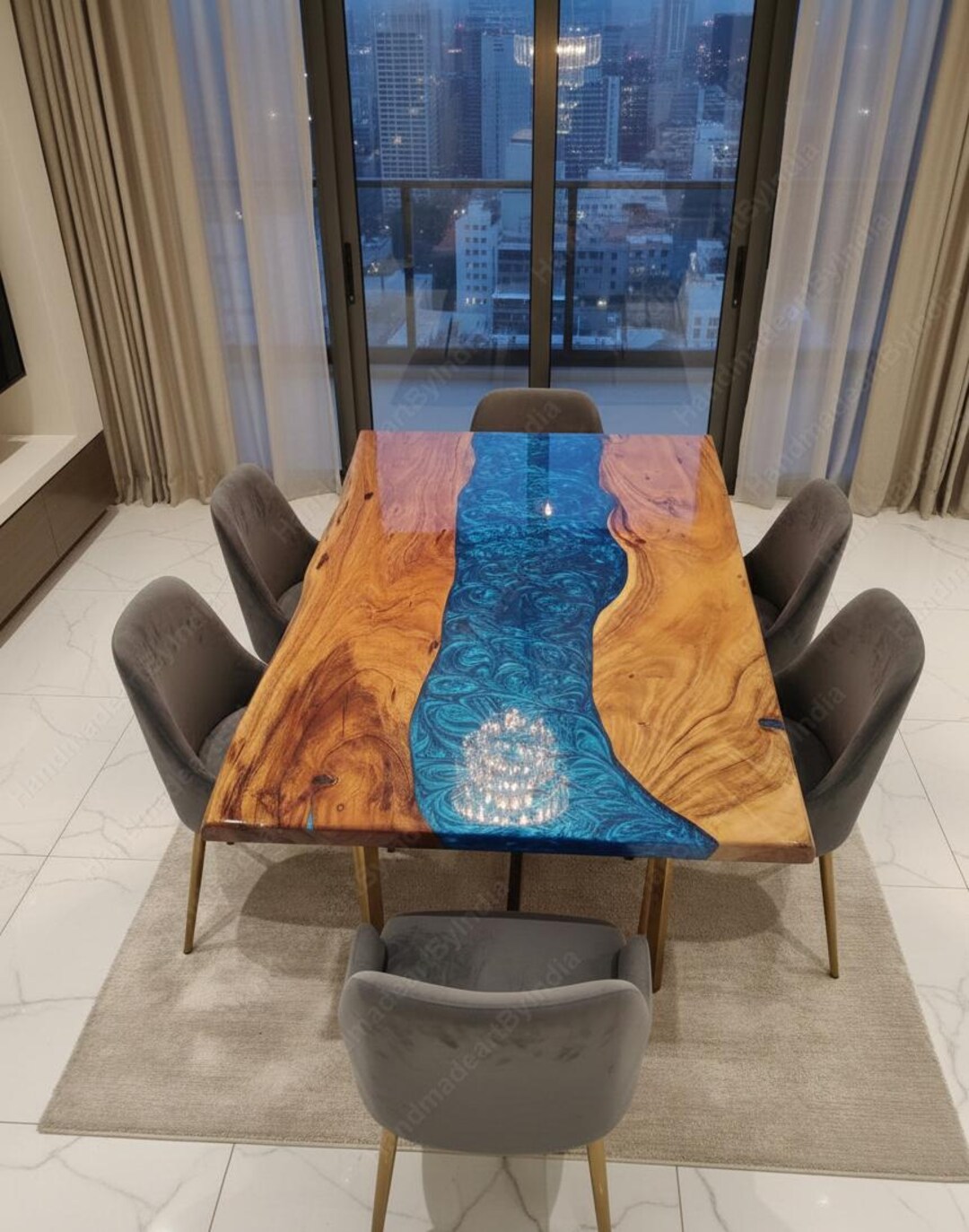 Custom Blue Epoxy Resin Dining Table | Live Edge Olive Wood River Table ...