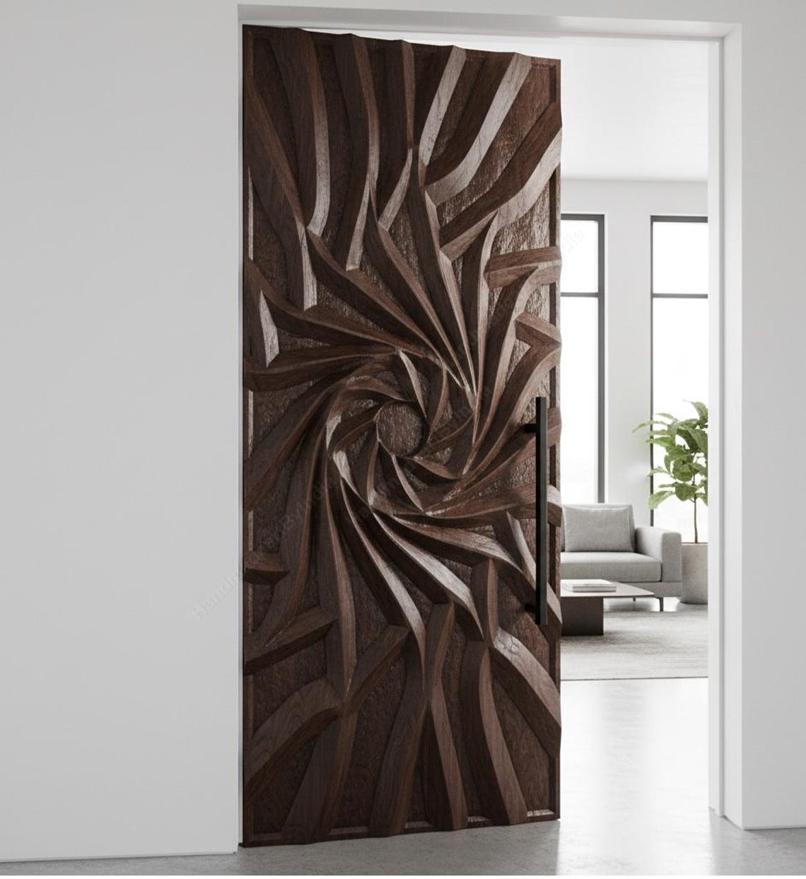 Modern 3D Vortex Wood Door – Custom CNC Sunburst Swirl Interior Door ...