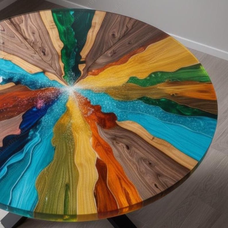 Round Rainbow Epoxy Resin Dining Table – Sunburst Wood & Resin Art ...
