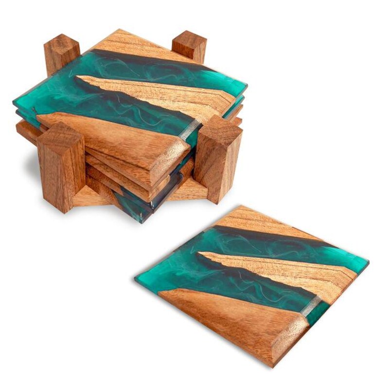 Handmade Wood and Epoxy Resin Coaster Set – Unique Square Drink ...