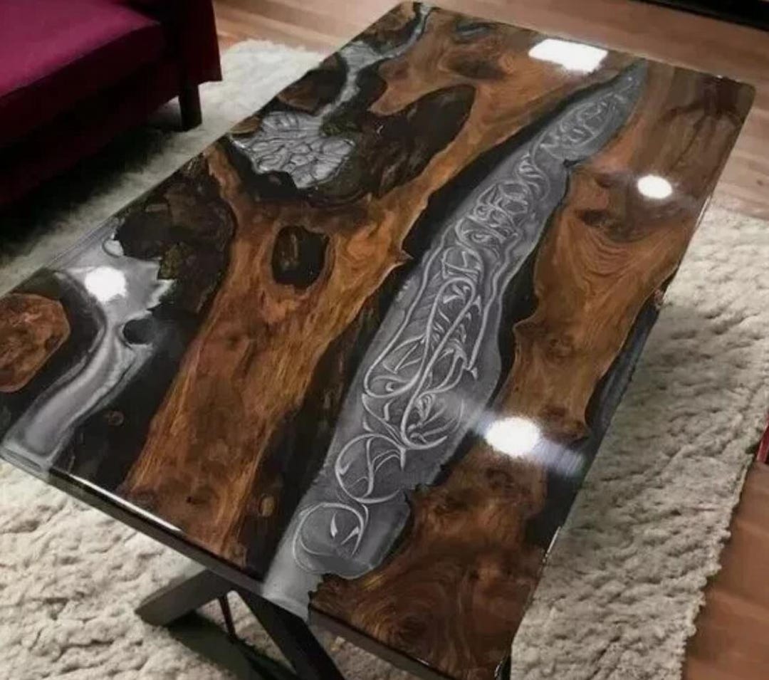 48x24" Custom Live Edge Wood & Dark Epoxy Resin Coffee Table With ...