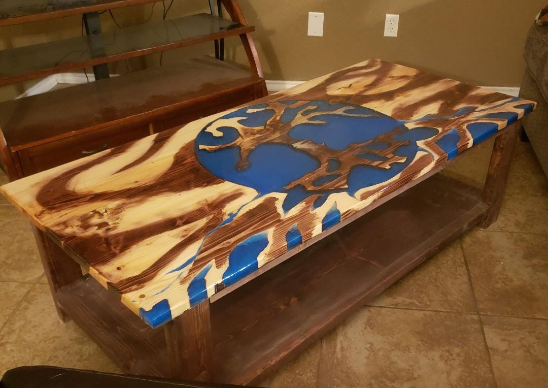 Blue LED River Dining Table: Live Edge Wood & Epoxy Resin | Handmade ...