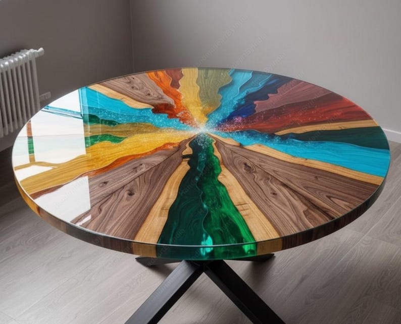 Round Rainbow Epoxy Resin Dining Table – Sunburst Wood & Resin Art ...