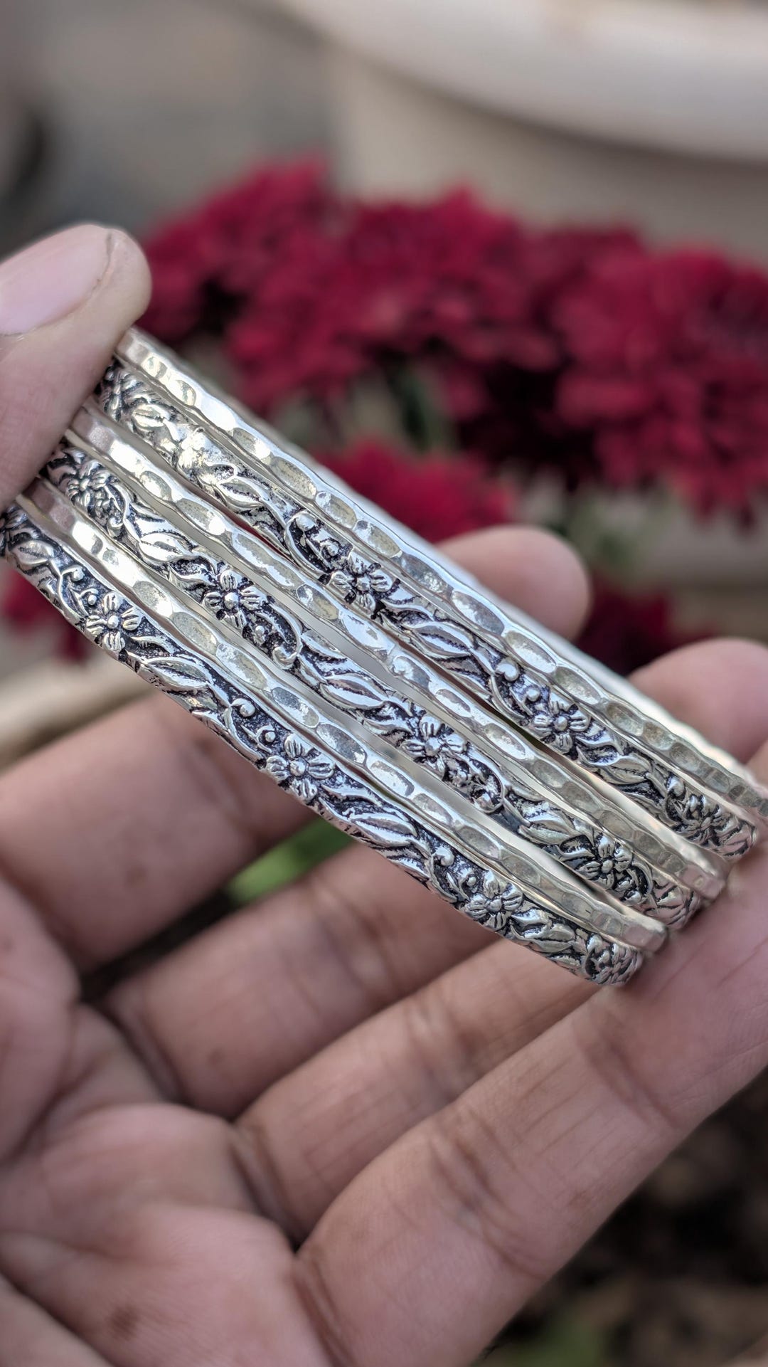 Hand-etched Floral Sterling Silver Bangle Set • Vintage Boho Stackable ...