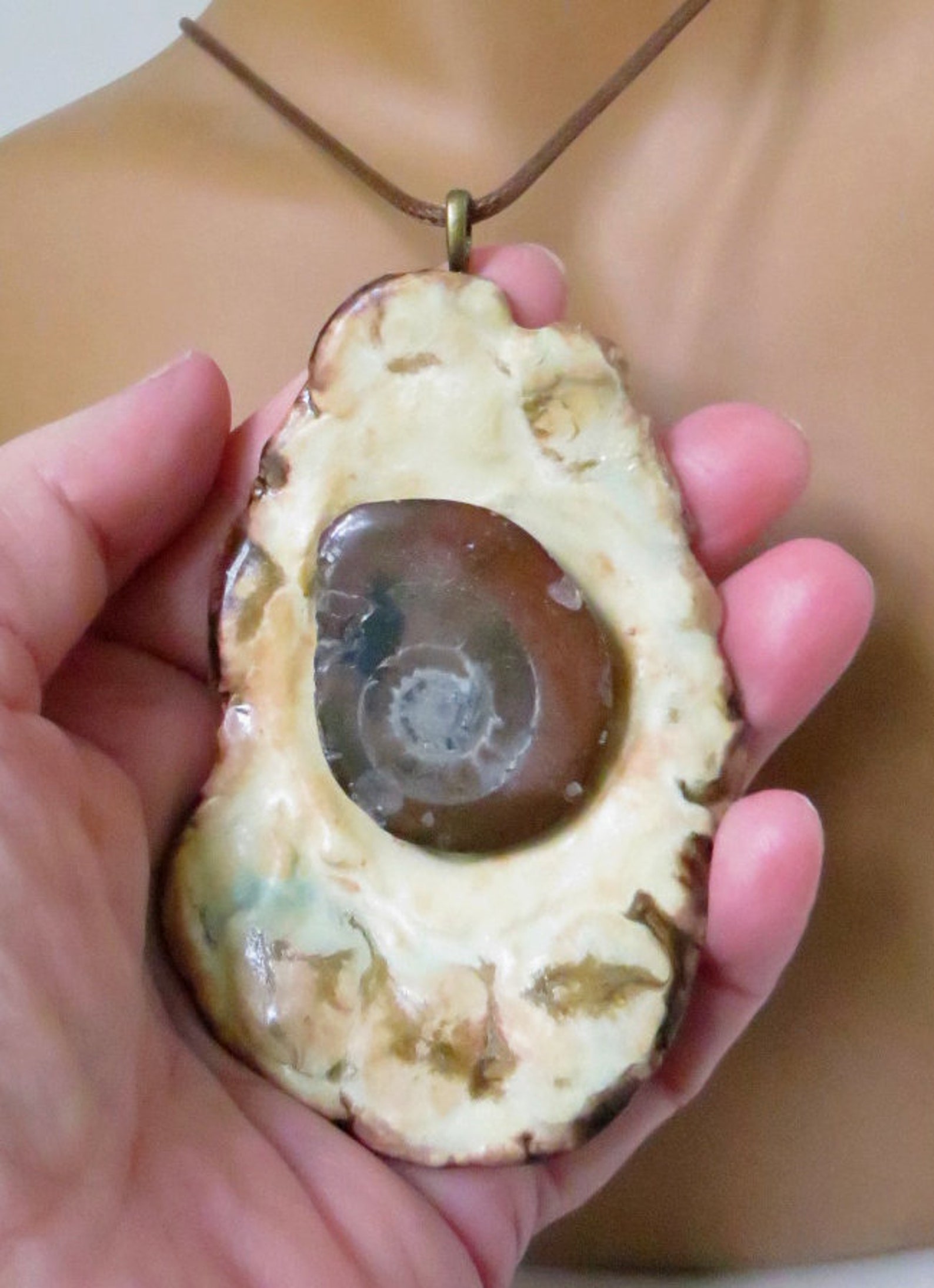 Ceramic Fossil Pendant Ammonite Clay Necklace Earthy Rustic Jewelry ...