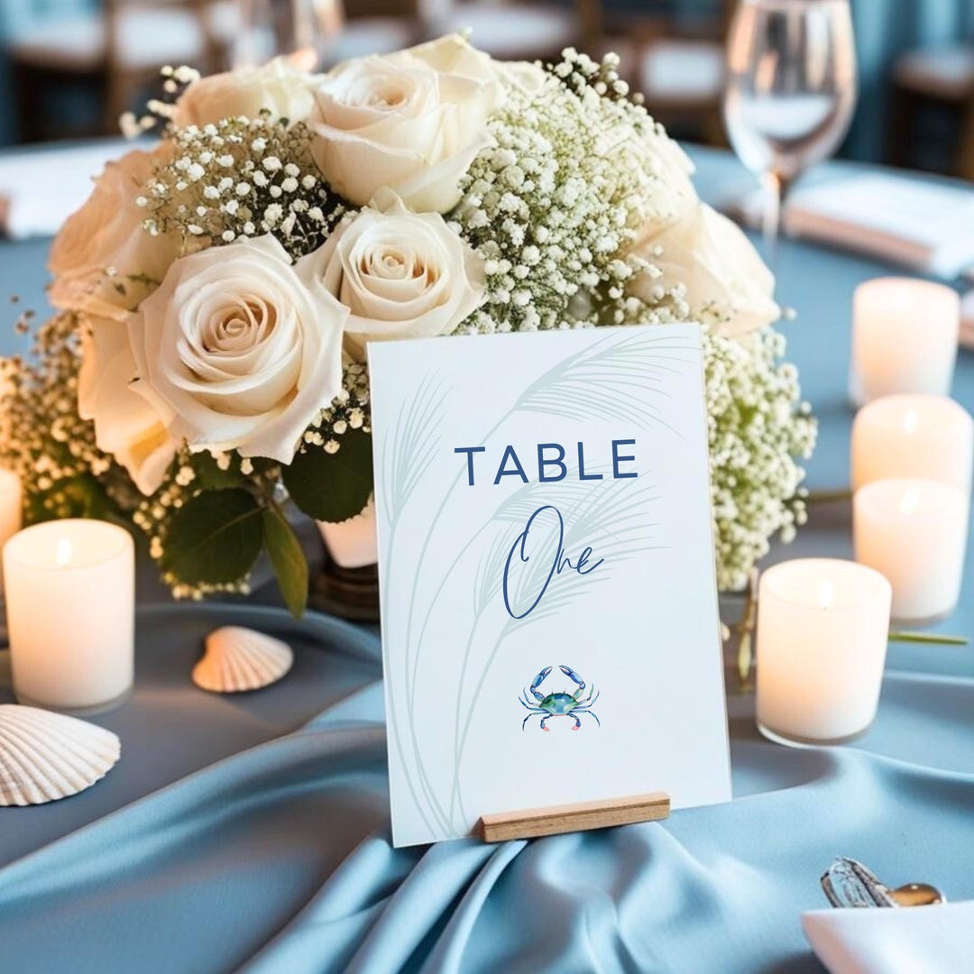 Blue Crab Wedding Table Number Template: Coastal Chesapeake Bay Design ...