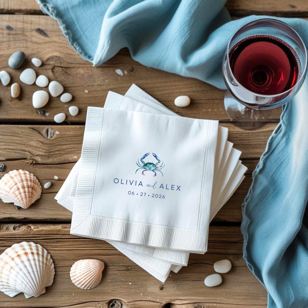 Elegant Coastal Crab Beach Wedding Cocktail Napkin Template, Editable ...