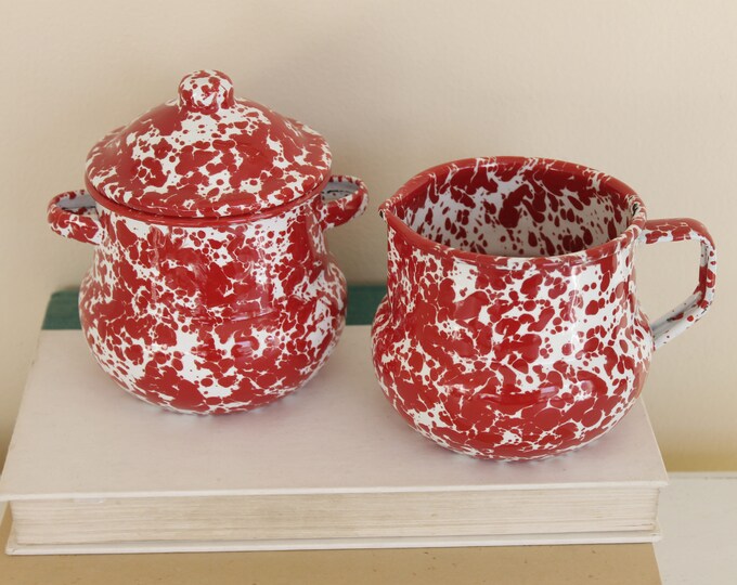 Vintage Red and White Enamel Sugar Bowl and Creamer, Enamelware Creamer ...