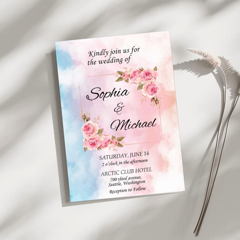 Editable Wedding Invitation Template – Blue & Pink Cloud Design ...