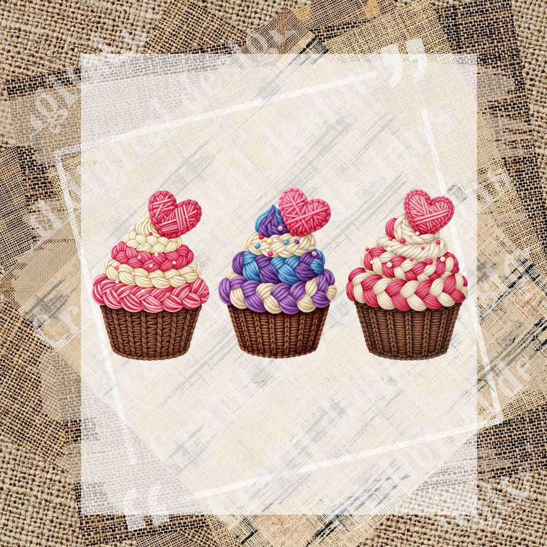 Faux Yarn Valentine Cupcakes PNG, Cute Knitted Heart Cupcake Trio ...