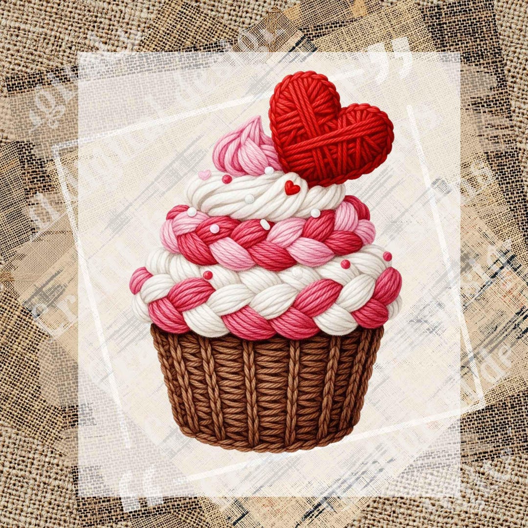 Valentine Cupcake PNG, Faux Yarn Knitted Cupcake With Heart Topper ...