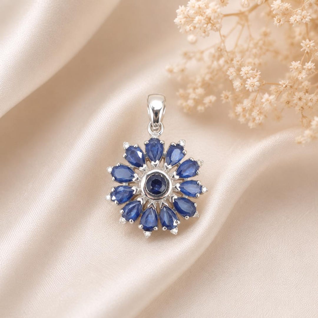 Natural Bangkok Blue Sapphire Diamond Pendant in 925 Sterling Silver - Etsy