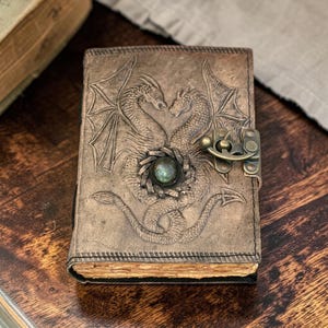 Double Dragon Leather Journal With Gemstone Charcoal Handmade ...