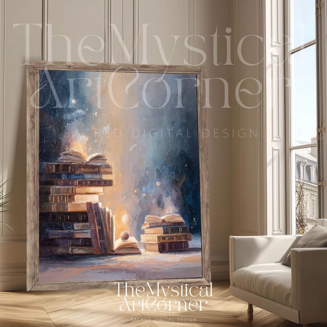 Mystical Printable Book Stack Wall Art, Book Lover Print, Reading Nook ...