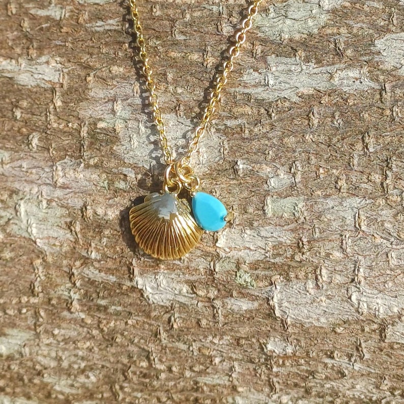 Gold Plated Clam Shell Necklace With Mini Turquoise Charm - Etsy Australia