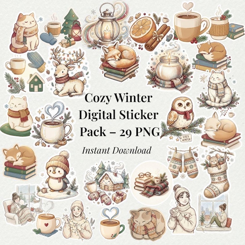 Paquete de pegatinas digitales "Invierno acogedor" – 29 PNG / Descarga ...
