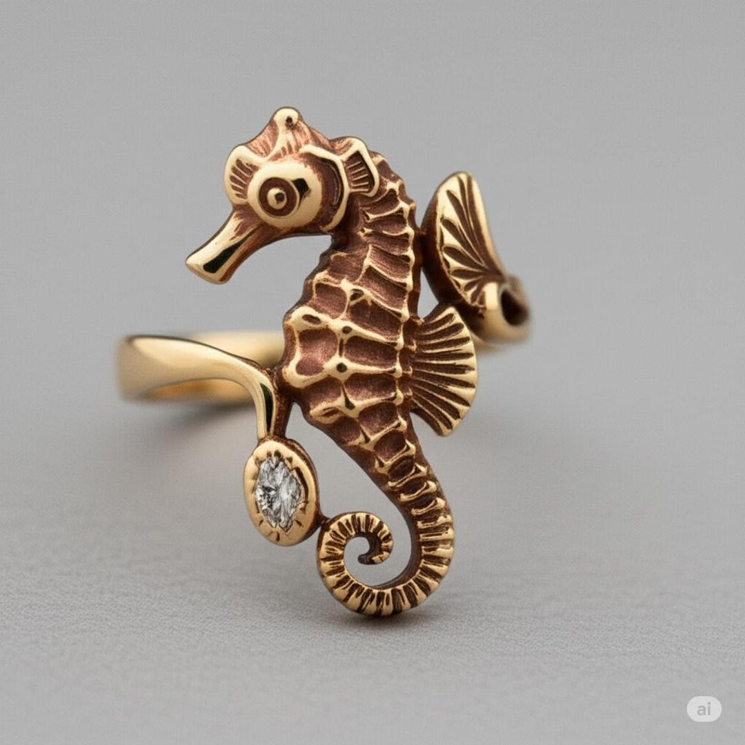 Seahorse Ring in Gold – Unisex Ocean Jewelry, Nautical Animal Statement ...