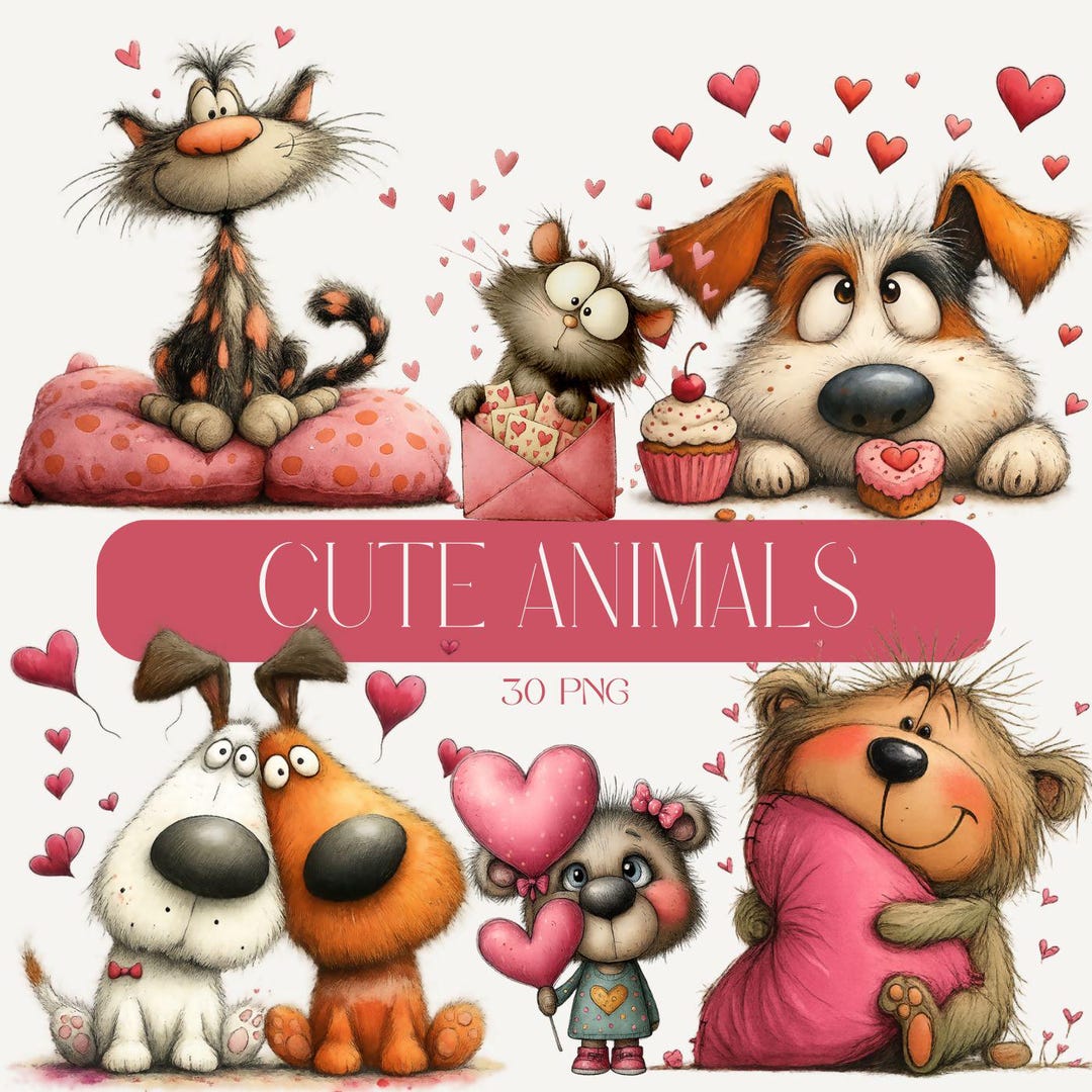 Valentine Animals Clipart Bundle | 30 PNG | Kawaii Animals With Hearts ...