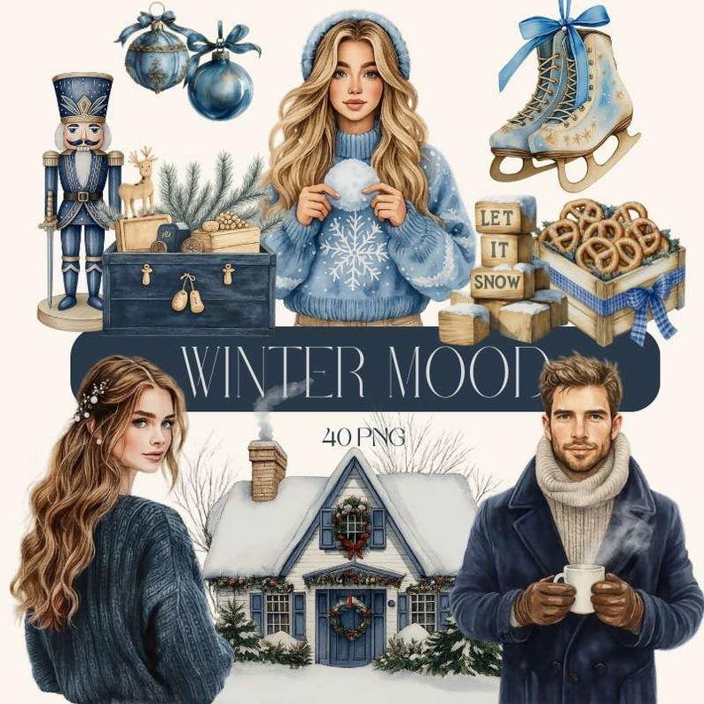 Blue Christmas Clipart Set – 40 PNG Winter Mood Illustrations, Cozy ...