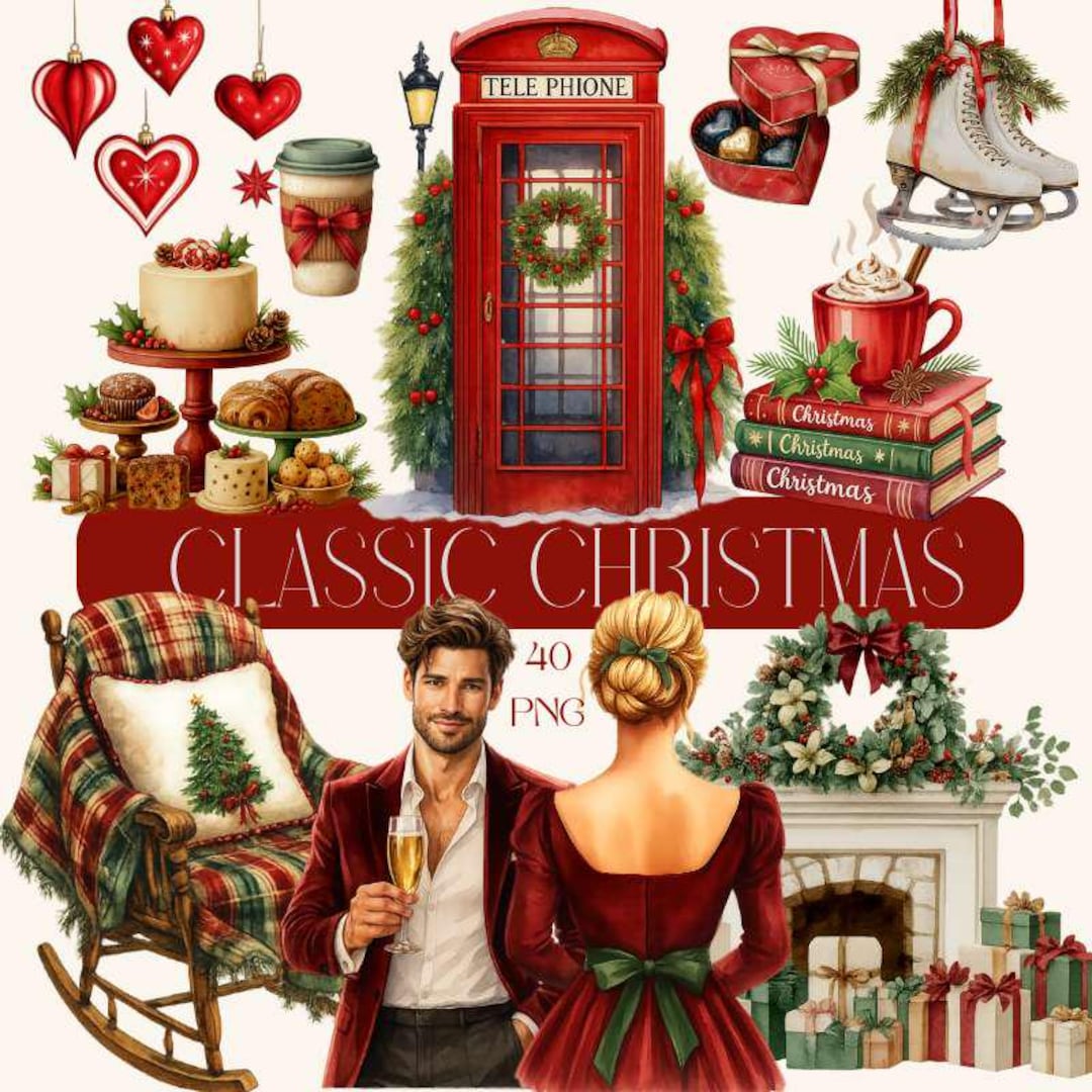 Classic Christmas Watercolor Clipart Set | 40 PNG | Vintage Holiday ...