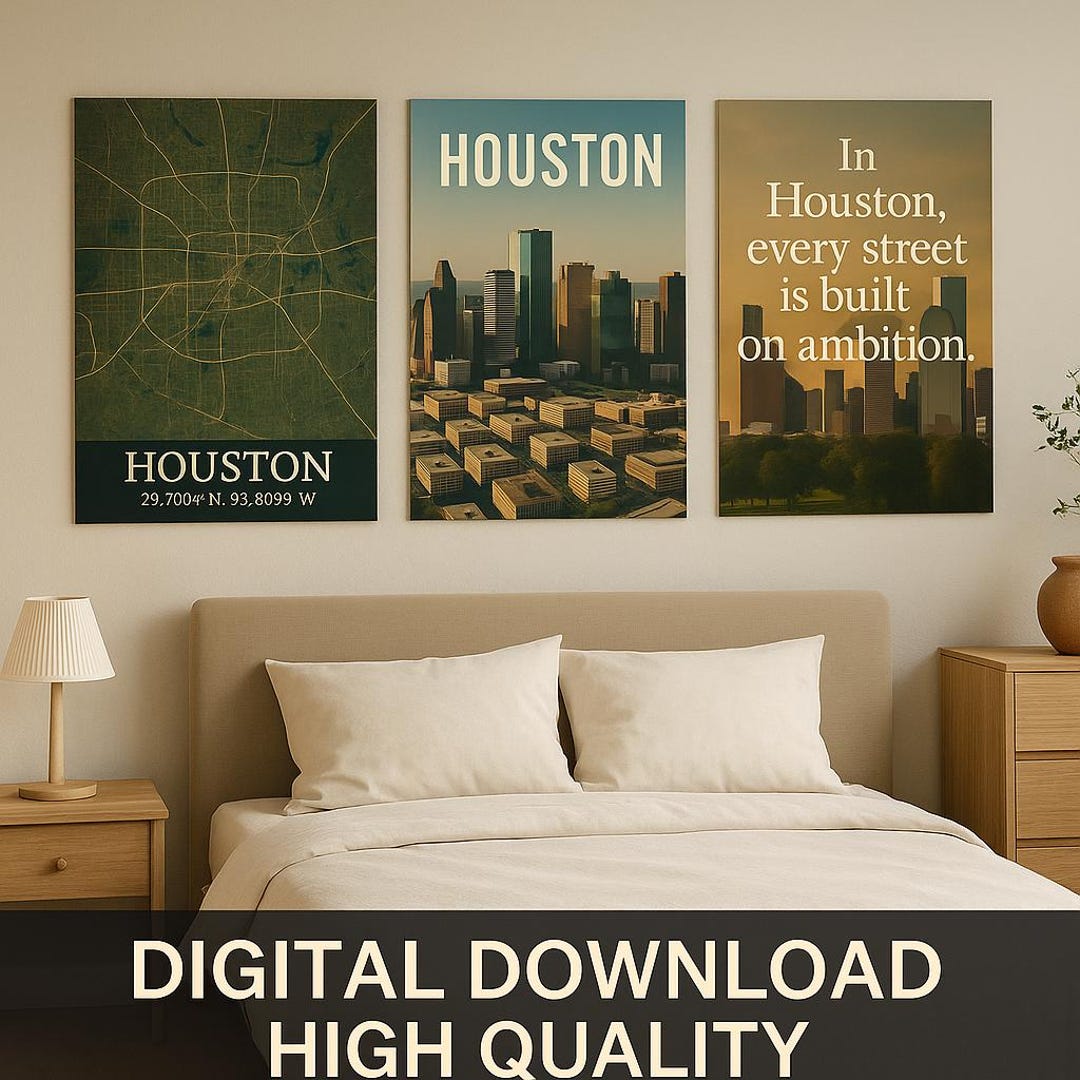 Houston Posters (set of 3) – Digital Wall Art Download, Skyline, GPS ...