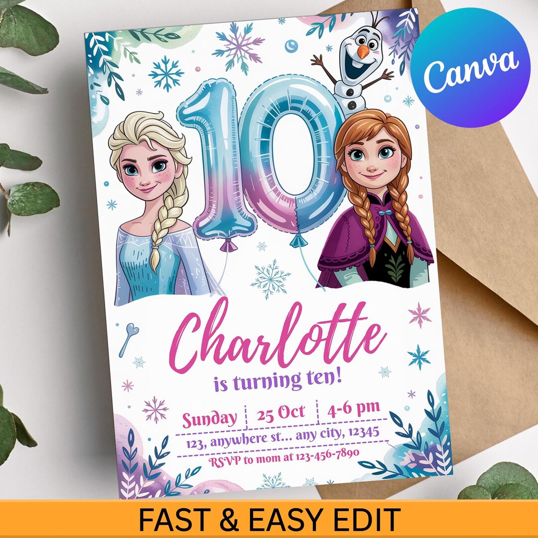 Frozen 10th Birthday Invitation, Elsa Anna Winter Princess Party ...