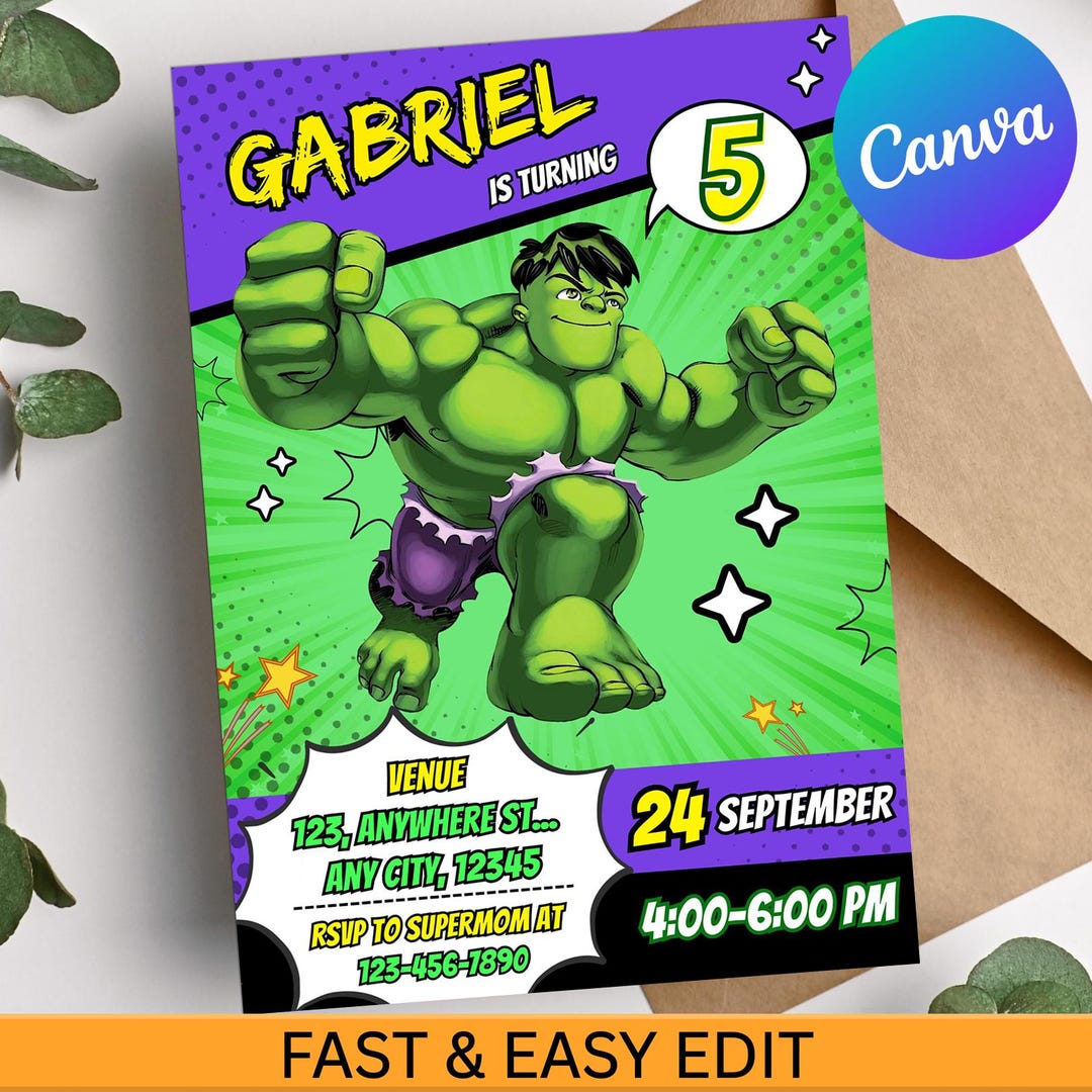 Hulk Birthday Invitation, Editable Hulk Party Invite, Avenngers ...