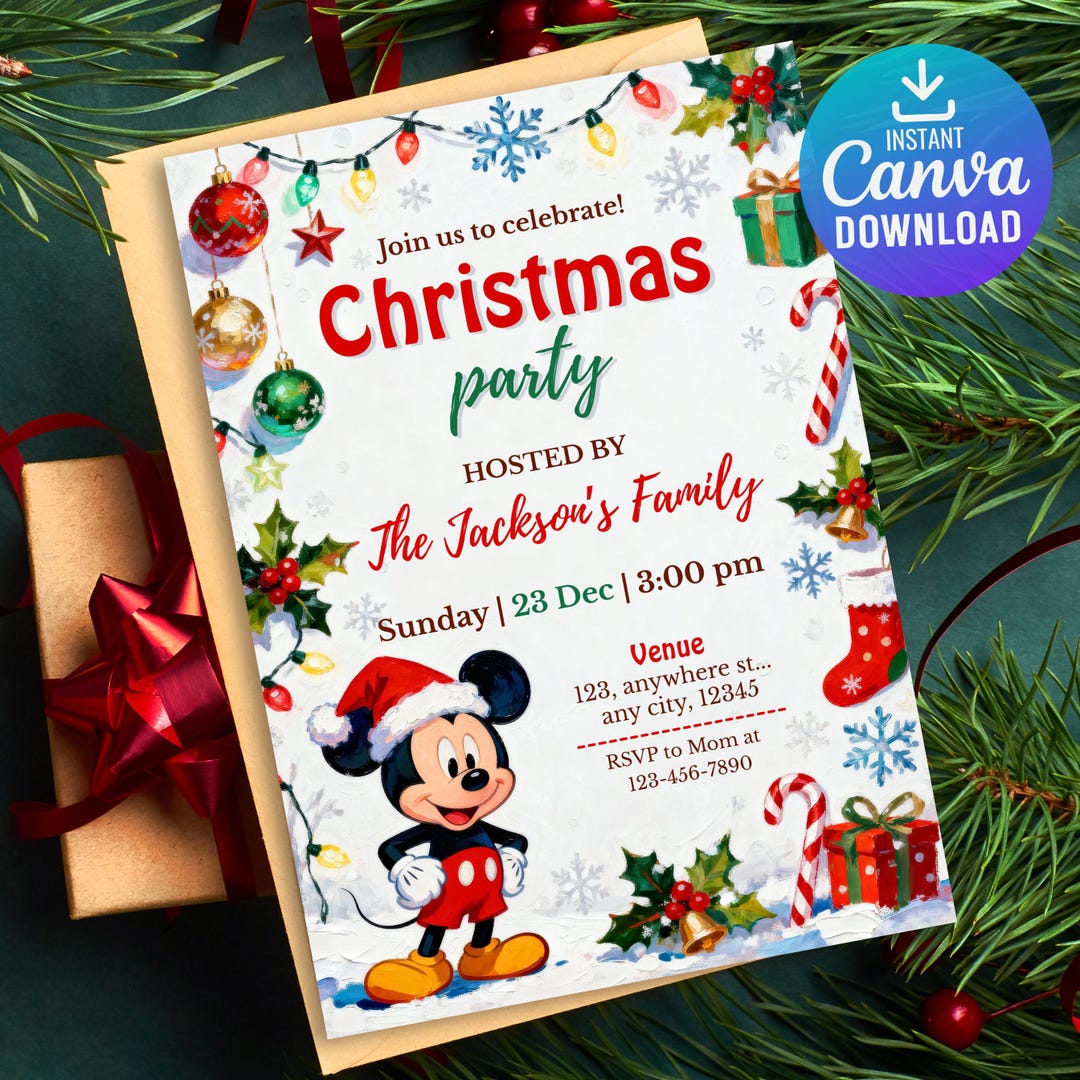 Mickey Mouse Christmas Invitation, Editable Christmas Party Invite ...