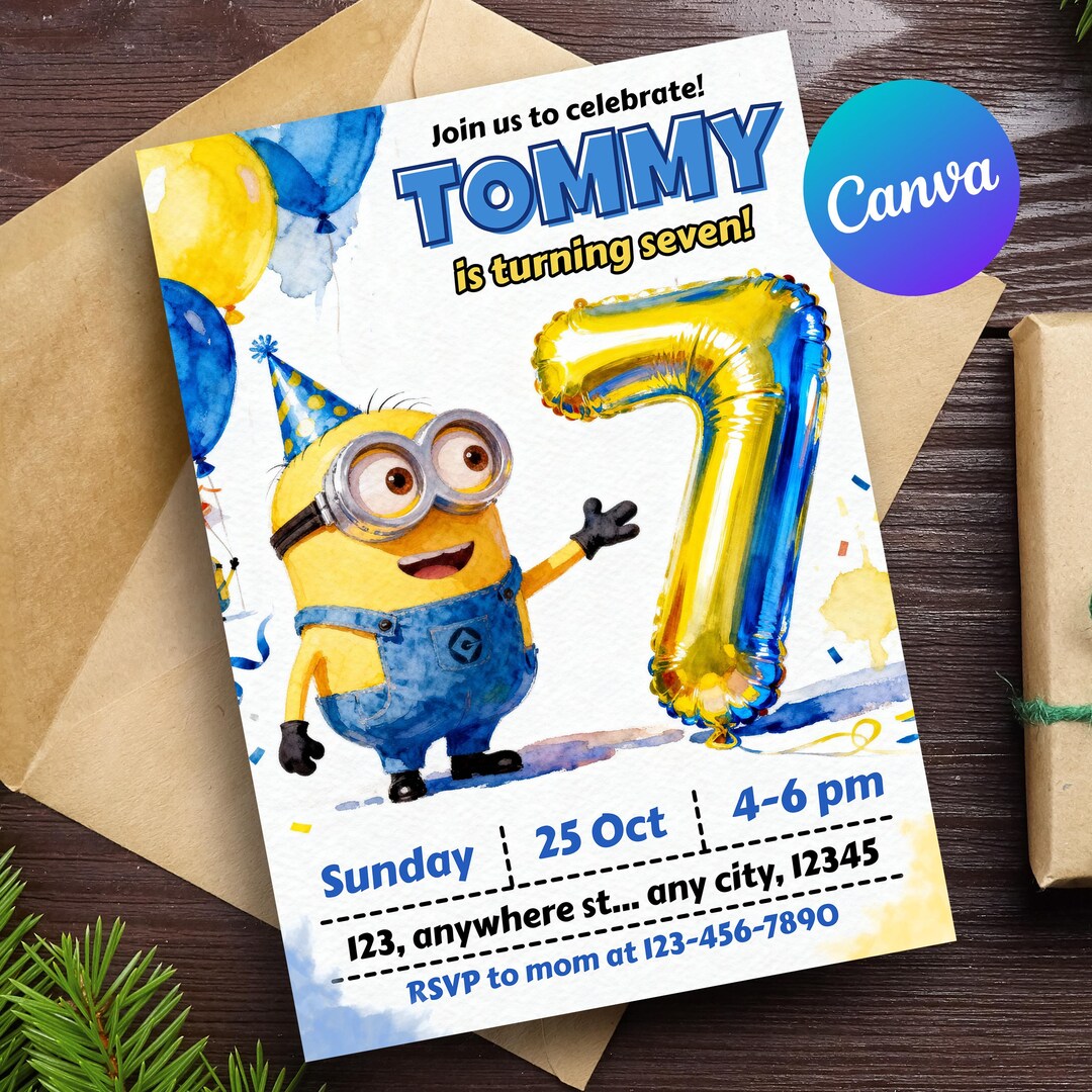 Minions 7th Birthday Invitation, Funny Minion Party Invite, Editable ...