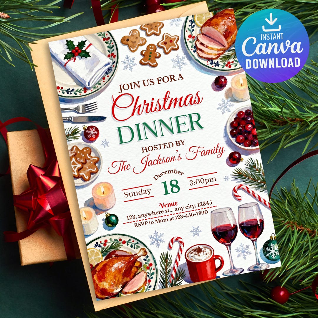 Editable Christmas Dinner Invitation, Holiday Party Dinner Template ...