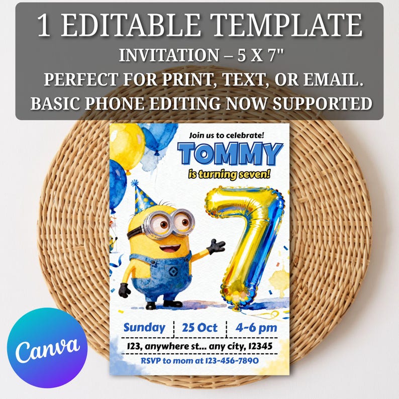 Minions 7th Birthday Invitation, Funny Minion Party Invite, Editable ...