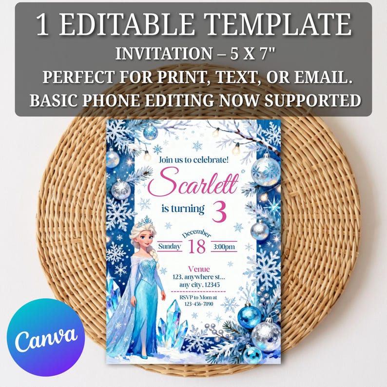 Frozen Birthday Invitation, Editable Ice Princess Canva Template ...