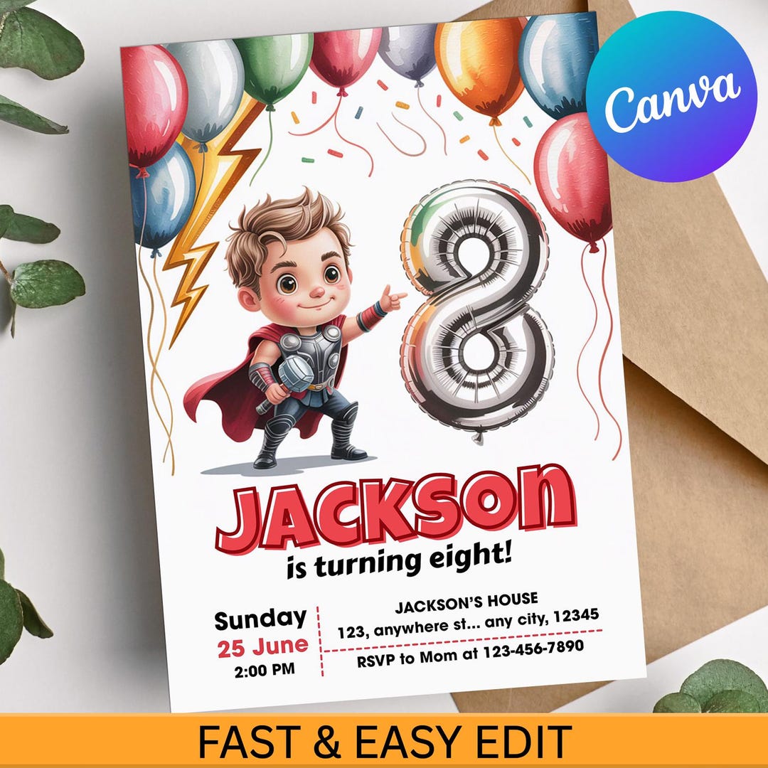 Thor 8th Birthday Invitation, Digital Marvel Hero Party Card, Editable ...
