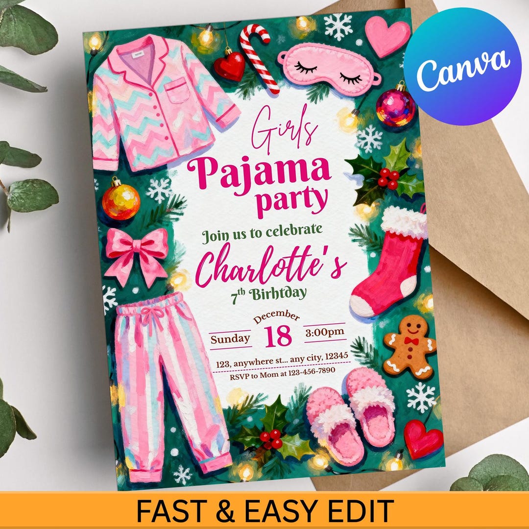 Girls Pajama Birthday Invitation, Pink Sleepover Girlsmas Party Invite ...