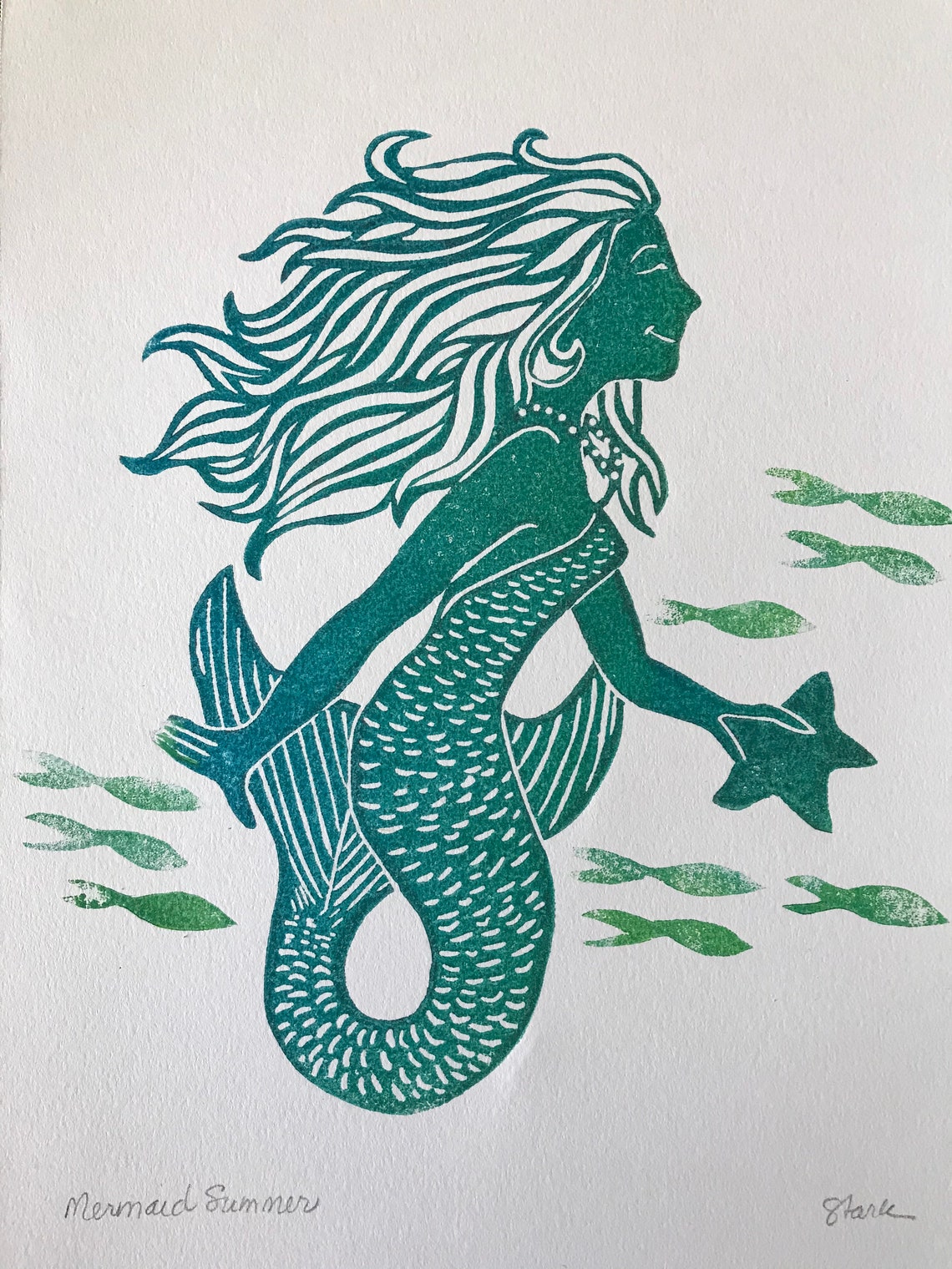 Mermaid Summer linocut Print Mermaid Folk Art Whimsical | Etsy