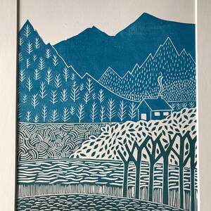 Cabin in the Mountain Linocut Print Blue Mountains - Etsy