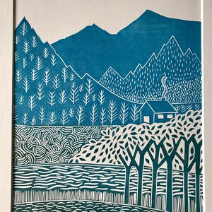 Cabin in the Mountain Linocut Print Blue Mountains - Etsy