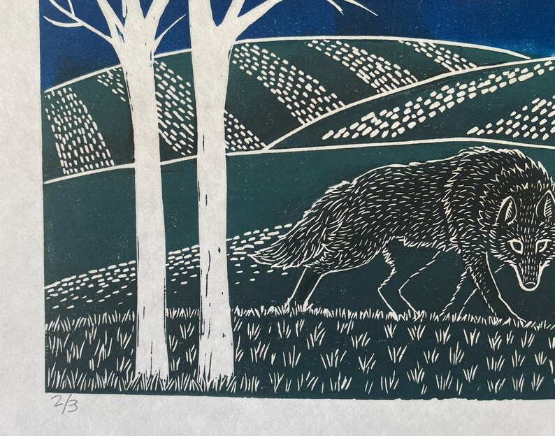 Black Wolf Full Moon Lino Print - Wolf Wall Art - Etsy