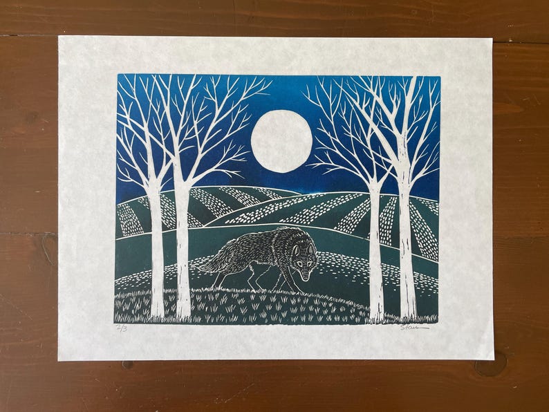 Black Wolf Full Moon Lino Print - Wolf Wall Art - Etsy